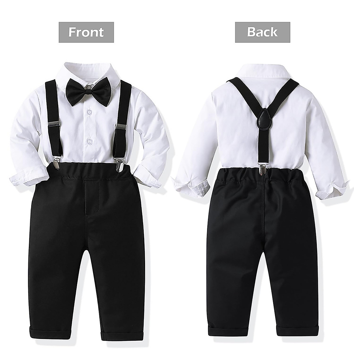 Baby Boy Tuxedo Outfit Dressy Set Toddler Boys Gentleman Outfits, Long Sleeve White Shirt Bowtie Black Pants, Bow Tie and Suspender Formal Suit for Birthday Wedding Party Kids Dress Clothes