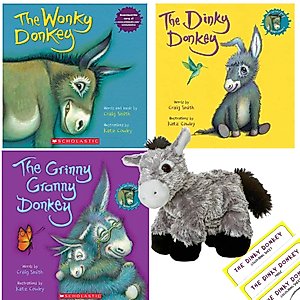 Wonky Donkey Gift Set with 3 Stories by Craig Smith and Ms. Katz Cowley (The Wonky Donkey, The Dinky Donkey, and The Grinny Granny Donkey) with Donkey Stuffed Animal Baby Plush Toy and Activity Pages