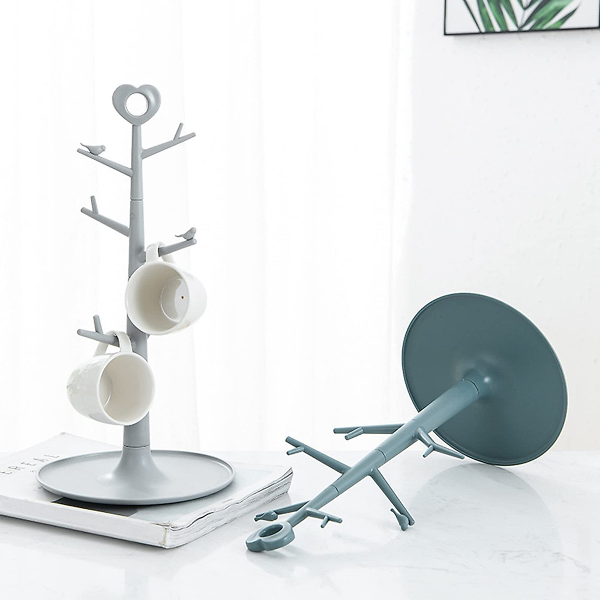 DNIEBW Tea Cup Rack Holder, 14.2 Inch Tabletop Mug Display Rack Tea Rack Cup Tree Holder, Coffee Mugs Rack with 6 Hooks for Kitchen Table Bar Countertop