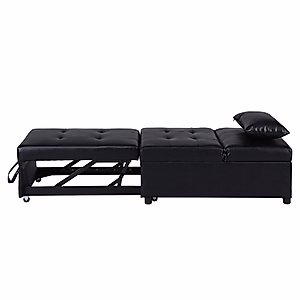 HABITRIO 4-in-1 Sofa with Pull-Out Sleeper, Solid Wood Frame Button Tufted Black PU Upholstered Sofa Couch with Pillow, Work as Ottoman, Lounge Chair, Seat Couch and Bed, Fit for Living Room, Bedroom