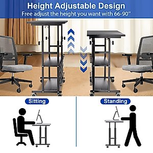 AIZ Rolling Laptop Cart with Storage for Small Spaces Portable Mobile Adjustable Computer Table on Wheels for Couch Bedrooms Black 39.4’’x19.7’’