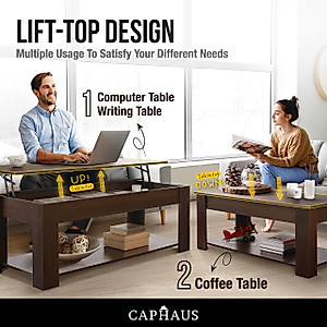 CAPHAUS Lift Top Coffee Table w/Storage, Storage Coffee Table w/Lift Top for Living Room, Rising Tabletop Coffee Table w/Hidden Compartment, Coffee Table w/Bottom Open Shelf, 41" Espresso
