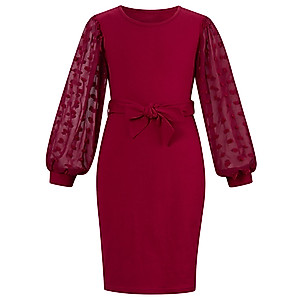 Burgundy Dress for Girls Size 7-8 Long Sleeve Spring Dresses Mesh Sleeve Vintage Self Belted Dress