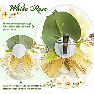 Ivory Rose Wrist Corsage Wristlet Band Bracelet and Boutonniere Set for Men Women Bride Bridesmaid Wedding Prom Flowers Accessories (A-Boutonniere & Wrist Corsage)