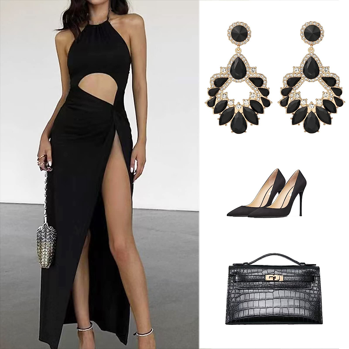 VANGETIMI Black Fashion Rhinestone Statement Drop Dangle Earrings Large Colorful Crystal Chandelier Earrings for Women Bridal Wedding Party Prom