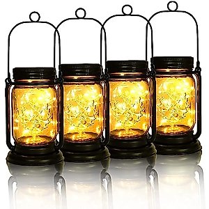 Yeuago 4 Pack Solar Garden Lantern Outdoor Backyard Decor Hanging Mason Jar Solar Lights with 30 Led Lights Retro Design Waterproof Garden Decor for Garden