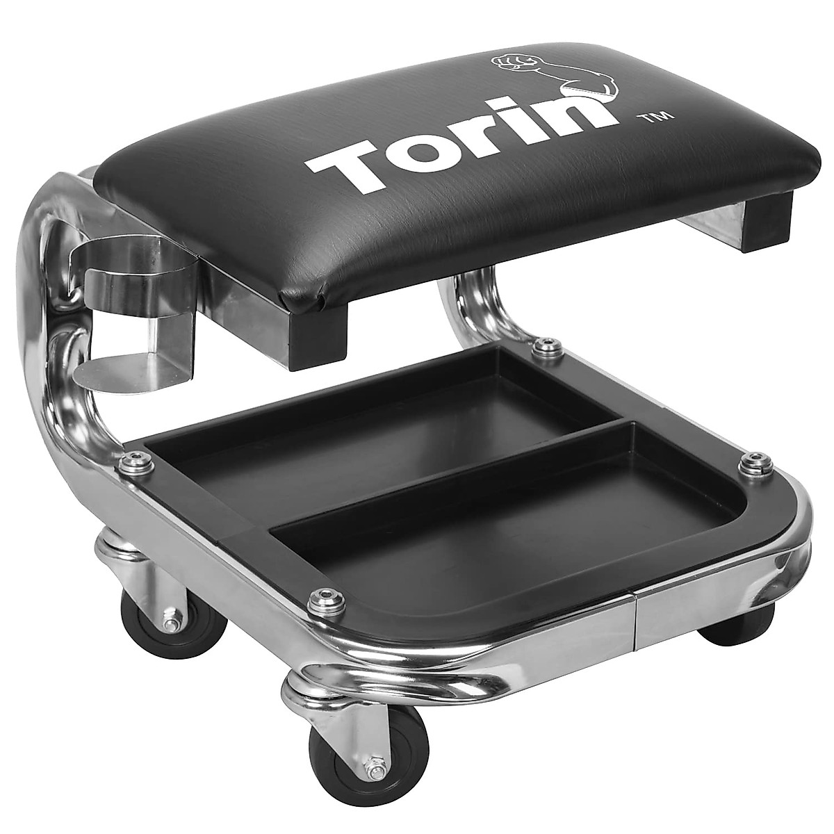 AR7451B Torin Heavy Duty Rolling Creeper Garage/Shop Seat: Padded Mechanic Stool with Tool Tray Storage and Cup Holder, Black