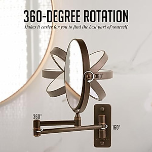 OVENTE 7" Wall Mounted Makeup Mirror with 1X/10X Magnification, Double Sided Magnifying Round Bathroom Vanity Mirror, 360° Swivel Design, Extendable and Folding Arm, Antique Bronze MNLFW70ABZ1X10X