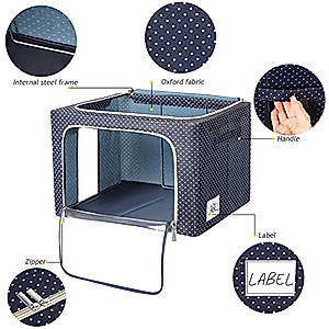 3 Pack Clothes Storage Organizer Bins - Foldable Metal Frame Storage Bins Stackable Oxford Cloth Fabric Container Organizer Set with Carrying Handles and Clear Window (Medium-36L, Navy Blue)