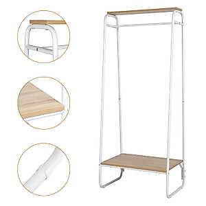 Karl home Clothes Rack Clothing Rack, Freestanding Garment Rack Coat Drying Stand with Wood Shelf Hanging Rod for Bedroom Bathroom Laundry Livingroom Office, White Metal Frame Oak Board 2-Tier