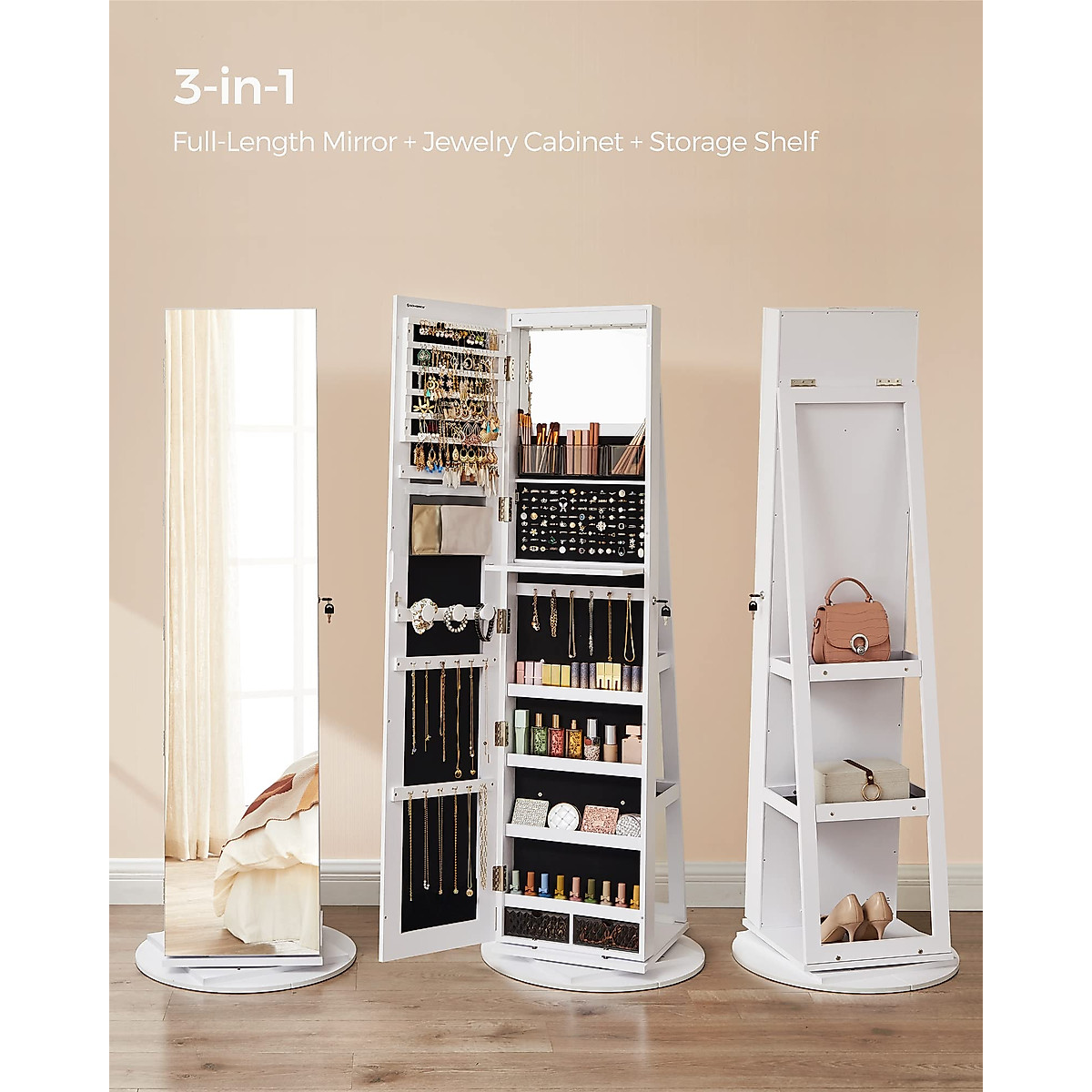 SONGMICS 6 LEDs Lockable Mirror Jewelry Cabinet, 360° Swivel Jewelry Organizer, Standing Jewelry Armoire, Frameless Full-Length Mirror, 3 Storage Shelves,Christmas Gifts, White Surface,