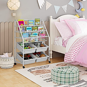 LINZINAR Bookshelf Iron Toy Organizer 3 Tier Mobile Bookrack 4 Plastic Toy Storage Boxes with Wheels—White…