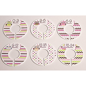 C195 Baby Girl Nursery Closet Clothing Size Dividers Owl Set of 6 Fits 1.25 Inch Rod