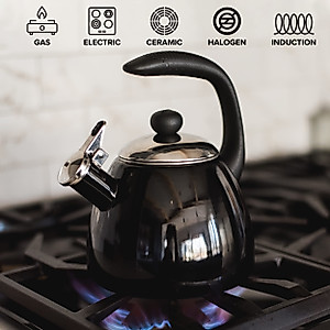 Farberware Bella Water Kettle, Whistling Tea Pot, Works For All Stovetops, Porcelain Enamel on Carbon Steel, BPA-Free, Rust-Proof, Stay Cool Handle, 2.5qt (10 Cups) Capacity (Black)