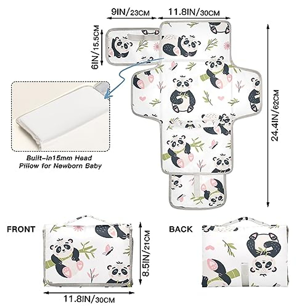 Bulletgxll Cute Panda Portable Diaper Changing Pad Waterproof Changing Pad with Baby Tissue Pocket and Magic Stick for Newborn Baby.