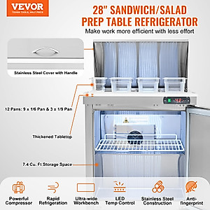 VEVOR 28" Commercial Refrigerator Sandwich & Salad Prep Table, 7.4 Cu. Ft Stainless Steel Refrigerated Food Prep Station with 12 Pans, Cut Board, Frost Free Refrigerator with Lock for Restaurant