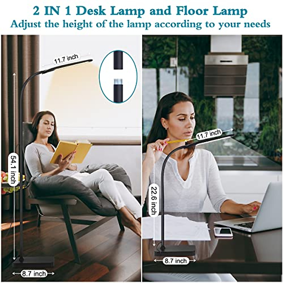 Joymon LED Floor Lamp, Adjustable Gooseneck Standing Lamp with 3 Color Temperature 3000K-6000K and 10-100% Stepless Dimmer, 2 in 1 Modern Desk Reading Lamp for Living Room, Bedroom and Office, Black