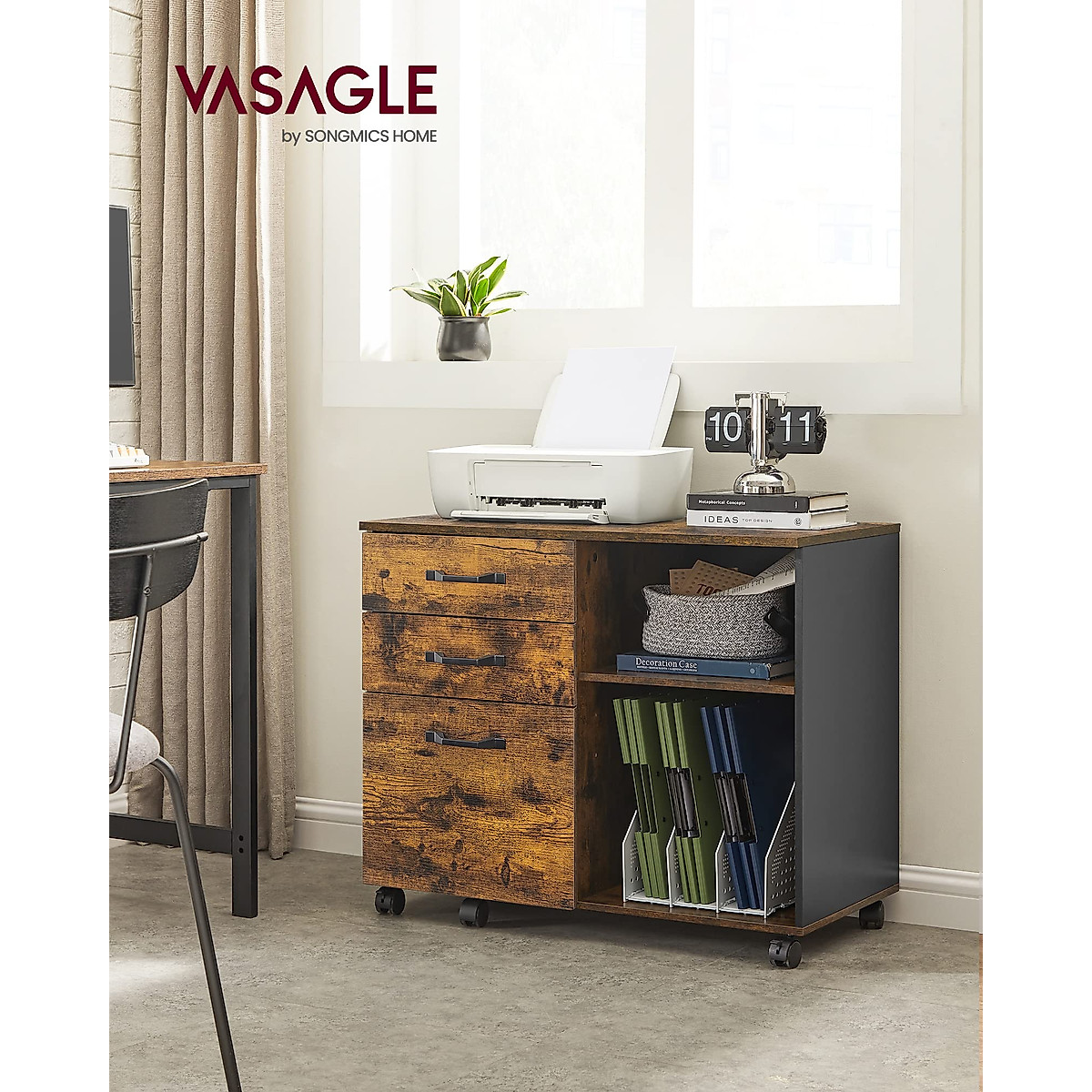 VASAGLE Lateral File Cabinet, Home Office Printer Stand, with 3 Drawers and Open Storage Shelves, for A4, Letter-Size Documents, Rustic Brown + Black