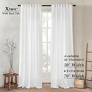 XTMYI White Linen Sheer Curtains 108 Inches Long Back Hidden Tab Tape Hooks Privacy Not See Through Simple Modern Curtains for Living Room 2 Panels Set