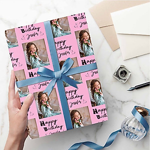 MyPupSocks Personalized Photo Wrapping Paper, Happy Birthday with Name Photo Pink Custom Gift Wrapping Paper with Picture for Teens Women Men Mom Dad Birthday Wedding Anniversary 58x23 2 Rolls