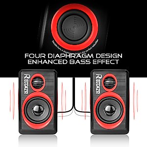 Computer Speakers, 2.0 CH PC Speakers with Surround Sound, USB Wired Laptop Speakers with Deep Bass for Desktop Computer/PC/Laptops/Smart Phone Build-in 4 Loudspeaker Diaphragm Reccazr SP2040|RED
