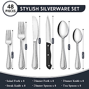 Hiware 48-Piece Silverware Set with Organizer, Stainless Steel Flatware for 8, Cutlery Utensil Sets with Steak Knives, Rust-proof, Mirror Polished, Dishwasher Safe