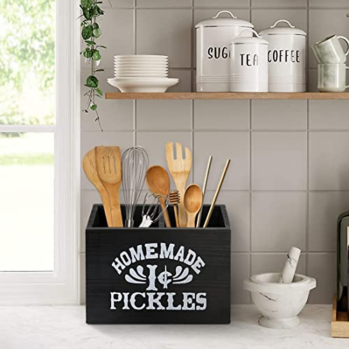 Y&ME YM Kitchen Utensil Holder, Wood Utensil Crock, Kitchen Utensil Caddy With 2 Compartments, Farmhouse Utensil Organizer Cookware Caddy, Rustic Utensil Organizer for Kitchen