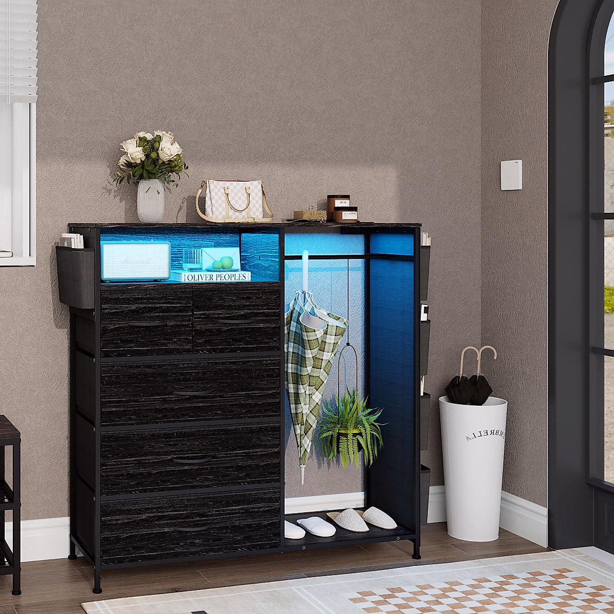 Espelism Dresser for Bedroom with Clothes Rack Side Pockets 5 Drawer Dresser with Charging Station LED Lights Black Storage Chest of Drawers for Nursery Hallway Closet Sturdy Steel Frame Wood Top