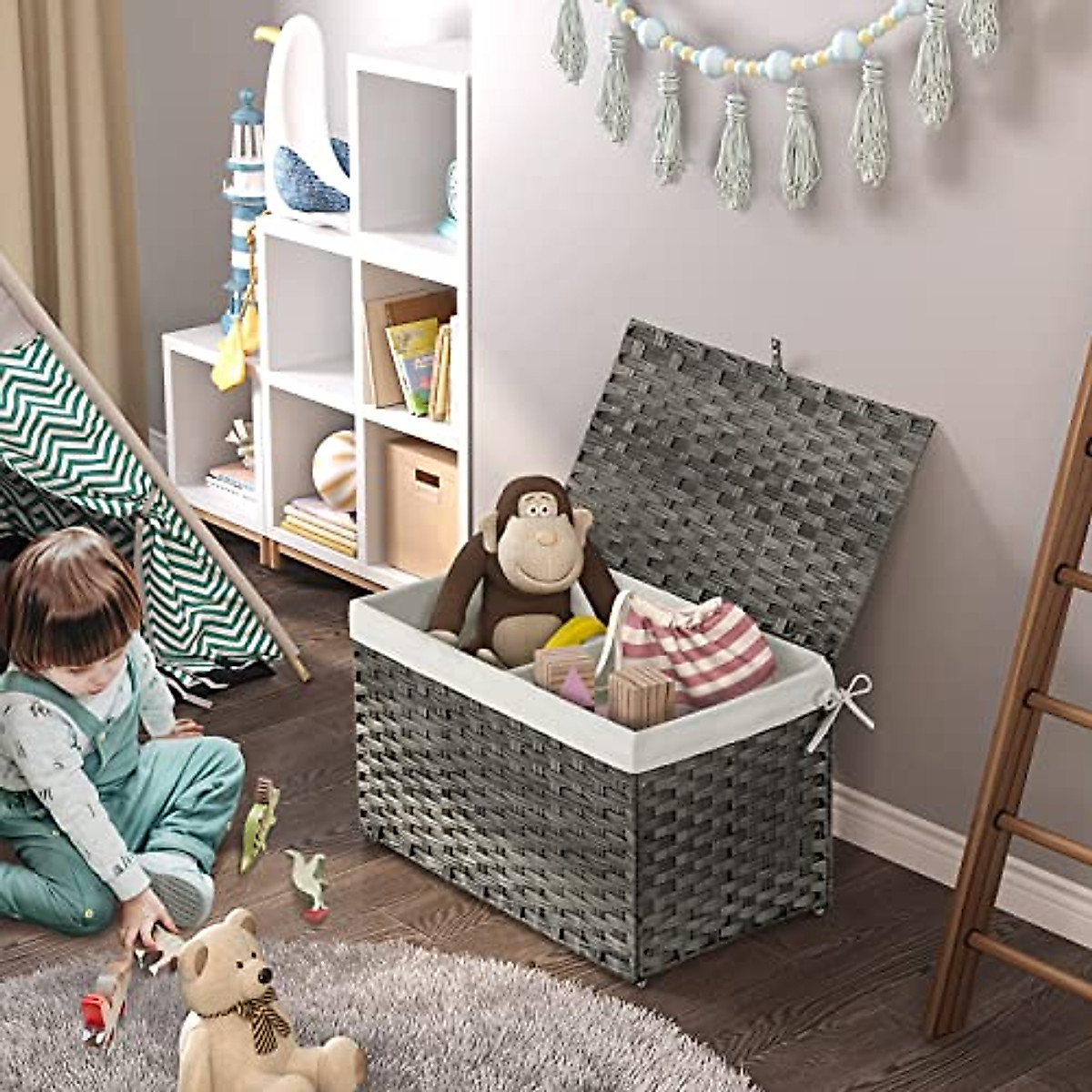 Greenstell Storage Basket with Lid, Handwoven Large Shelf Basket with Cotton Liner and Metal Frame, Foldable & Easy to Install, Storage Box Basket Bin with Handle for Bedroom, Laundry Room Grey 105L