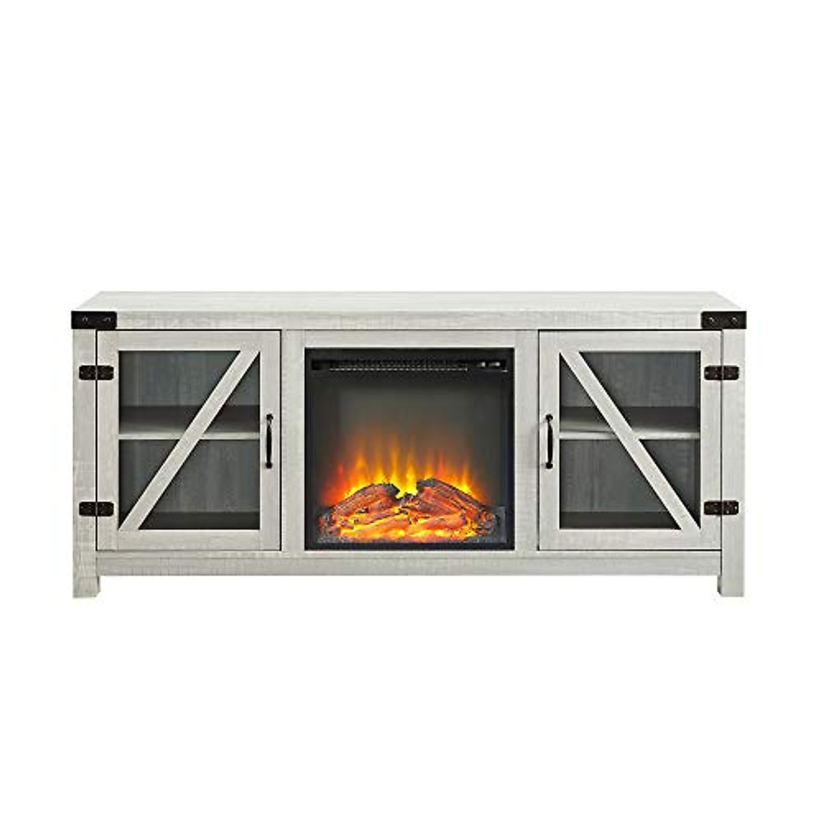 Walker Edison Farmhouse Barn Door Wood and Glass Fireplace TV Stand for TV's up to 64" Flat Screen Living Room Storage Cabinet Doors and Shelves Entertainment Center, 58 Inch, Stone Grey
