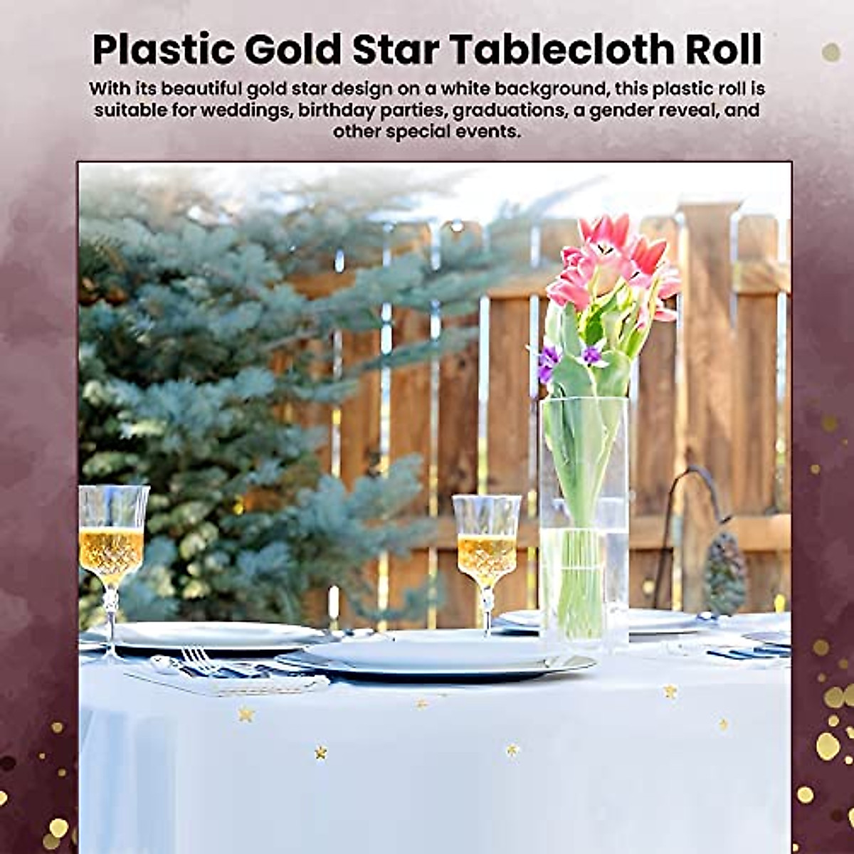 Plastic Gold Star Tablecloth Roll 54" x 98 ft Round Rectangle Square Tables Picnic Camping Party Table Cloths Disposable Tablecloths for Parties Birthdays Weddings Twinkle Little Stars Tables Cover