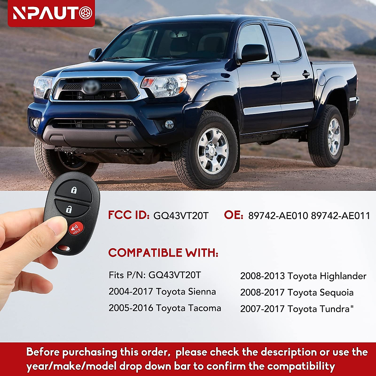 NPAUTO Key Fob Replacement Fits for Toyota Sienna 2004-2017, Tacoma 2005-2016, Tundra 2007-2017, Sequoia 2008-2017, Highlander 2008-2013, Keyless Entry Remote Control Car Key Fob, CGQ43VT20T