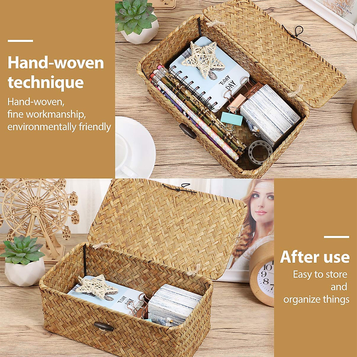 Vosarea Rattan Storage Basket,Straw Seaweed Basket, Hand-Woven Storage Basket Multipurpose Container with Lid for Desktop Home Decor (9inch)