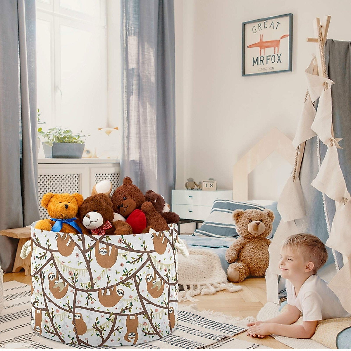 visesunny Collapsible Large Capacity Basket Funny Sloth On The Branches Animal Clothes Toy Storage Hamper with Durable Cotton Handles Home Organizer Solution for Bathroom, Bedroom, Nursery, Laundry,Cl