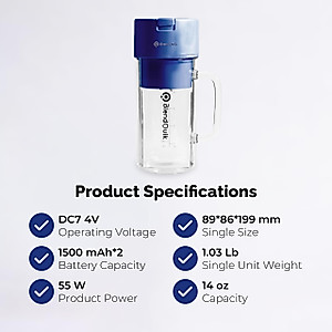BlendQuik, Personal Portable Blender For Shakes & Smoothies, Leakproof & Stylish Portable Mason Jar Shaker, Rechargeable Mini Blender with 10-Blade Blending System 14oz, Dark Blue