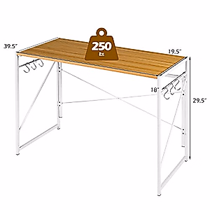 Tangkula Folding Computer Desk, Study Writing Desk with 6 Hooks, Modern Simple PC Laptop Desk with Sturdy Metal Construction, Space Saving Writing Table for Home Office (Natural)