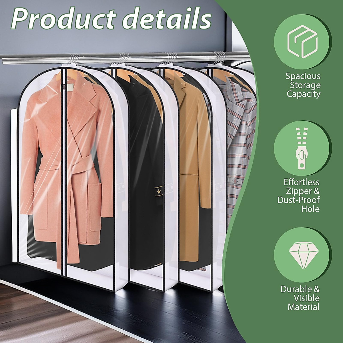 HAKACC 59" Garment Bags for Hanging Clothes, 4 Pack 4" Gusseted Garment Bags for Storage, Hanging Clothes Storage, Clothing Moving Bags