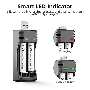 BONAI Rechargeable AAA Batteries with Charger, USB High-Speed Charger for AA AAA Ni-MH Ni-CD Rechargeable Battery