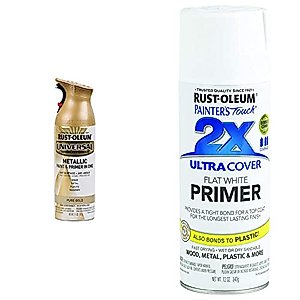 Rust-Oleum Pure Gold 245221 Universal All Surface Spray Paint, 11 oz, Metallic, 11 Ounce (Pack of 1) & 249058 Painter's Touch 2X Ultra Cover, 12 Fl Oz (Pack of 1), Flat White Primer, 12 Ounce