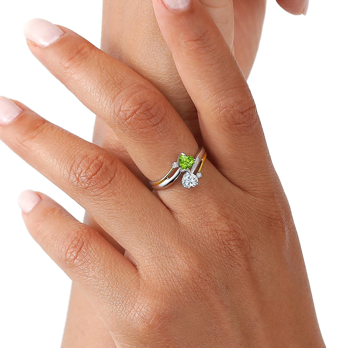 925 Silver and 10K Yellow Gold Green Peridot and Moissanite from Charles & Colvard 2 Heart Promise Couple Engagement Mother Ring (1.02 Cttw, Gemstone Birthstone, Available In Size 5, 6, 7, 8, 9)
