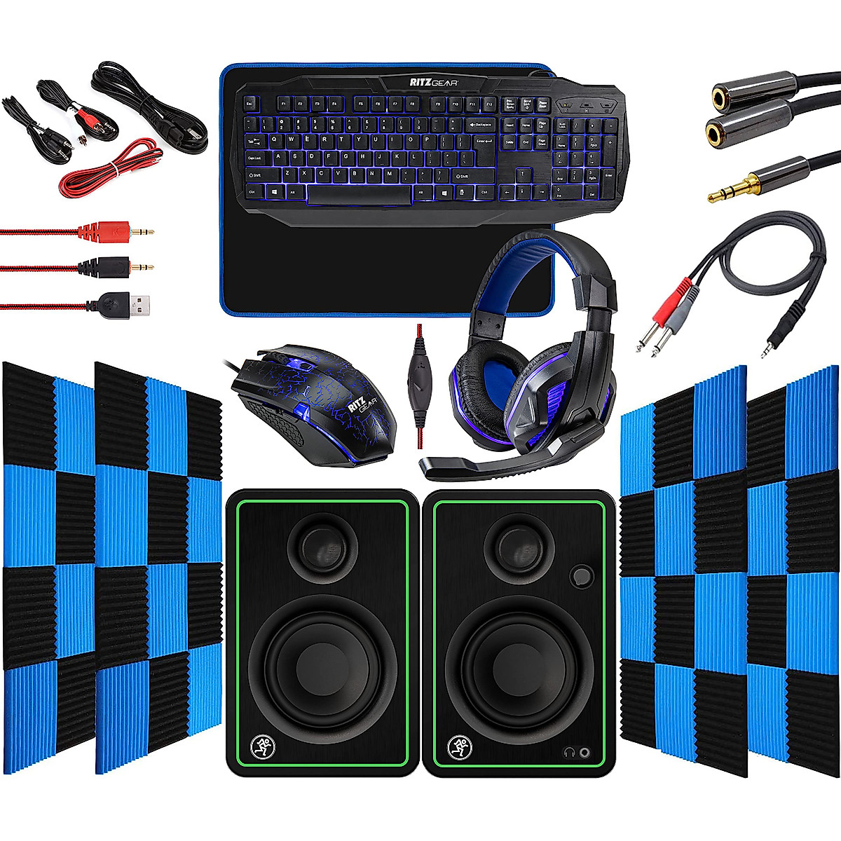 RitzGear Blue Gaming Kit I 4-in-1 LED Combo with Multimedia Keyboard, Optical Mouse, Mouse Pad & Headset with Adapter with CR4-X 4" Monitors and 24 Pack Acoustic Soundproof Wedge Panels
