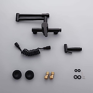 BULUXE Black Pot Filler Kitchen Sink Faucet with Sprayer, Modern Single Handle Retractable Wall-Mount Pot Filler Faucet with Swing arm in Matte Black Solid Brass