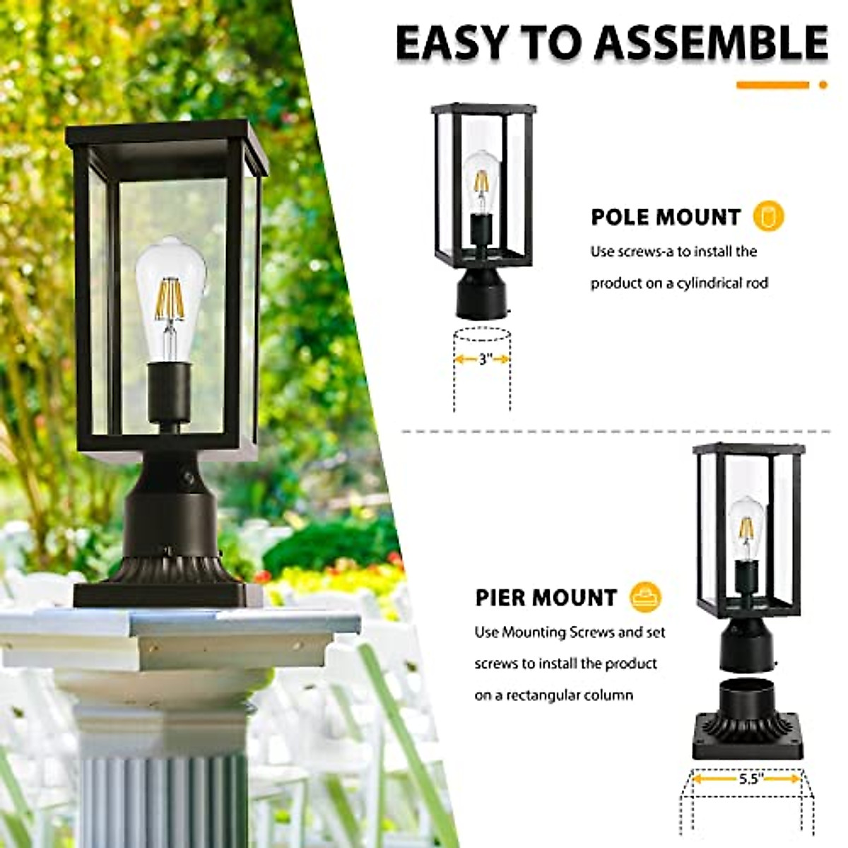 Dusk to Dawn Outdoor Post Light Hardwired 120V, Aluminum Lamp Post Light, Waterproof Outside Post Lantern Fixture with Pier Mount Base, Exterior Pole Lantern Lighting for Garden Yard Patio Pathway