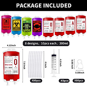 MGparty 80 Packs Blood Bags for Drink, Blood IV Bags for Halloween Party Decoration Drink Container Juice Pouch Prop for Zombie Vampire Theme Party Props (80Pcs Bag, 5 Syringes)