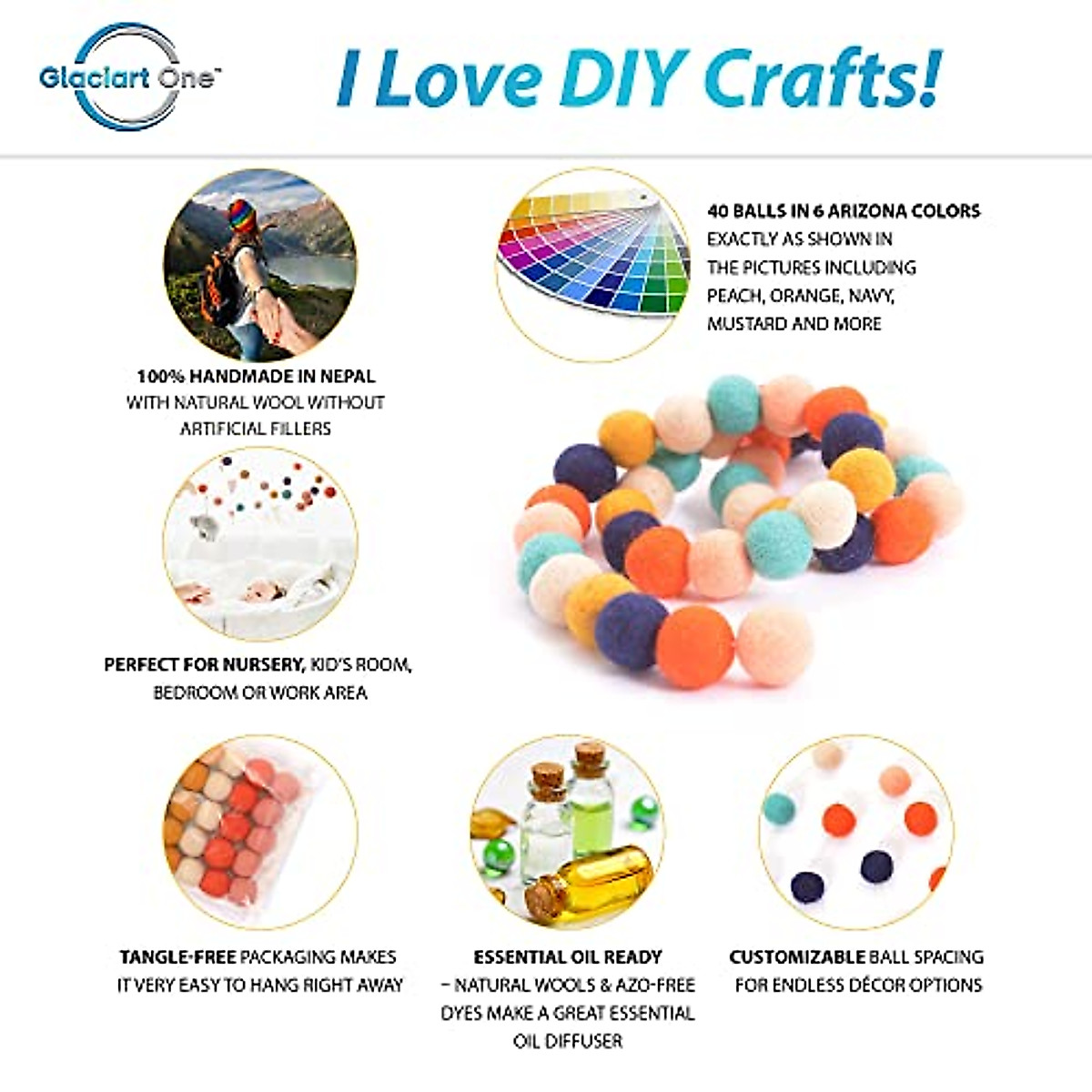 Glaciart One Felt Ball Garland - Pom Pom Garland - 12 Feet, 40 Balls, 6 Arizona Colors, Pom Pom Decorations, Nursery Decor, Bunting, Birthday Party Decorations, Easter, Photo Prop