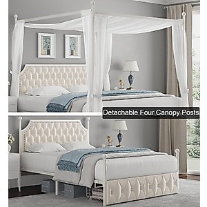 Keyluv Queen Upholstered Canopy Bed Frame with 2 Drawers and Button Tufted Headboard, Metal Platform Bed with 4 Removable Posts Two-Purpose Velvet Bed No Box Spring Needed, Beige/Curtains Not Included