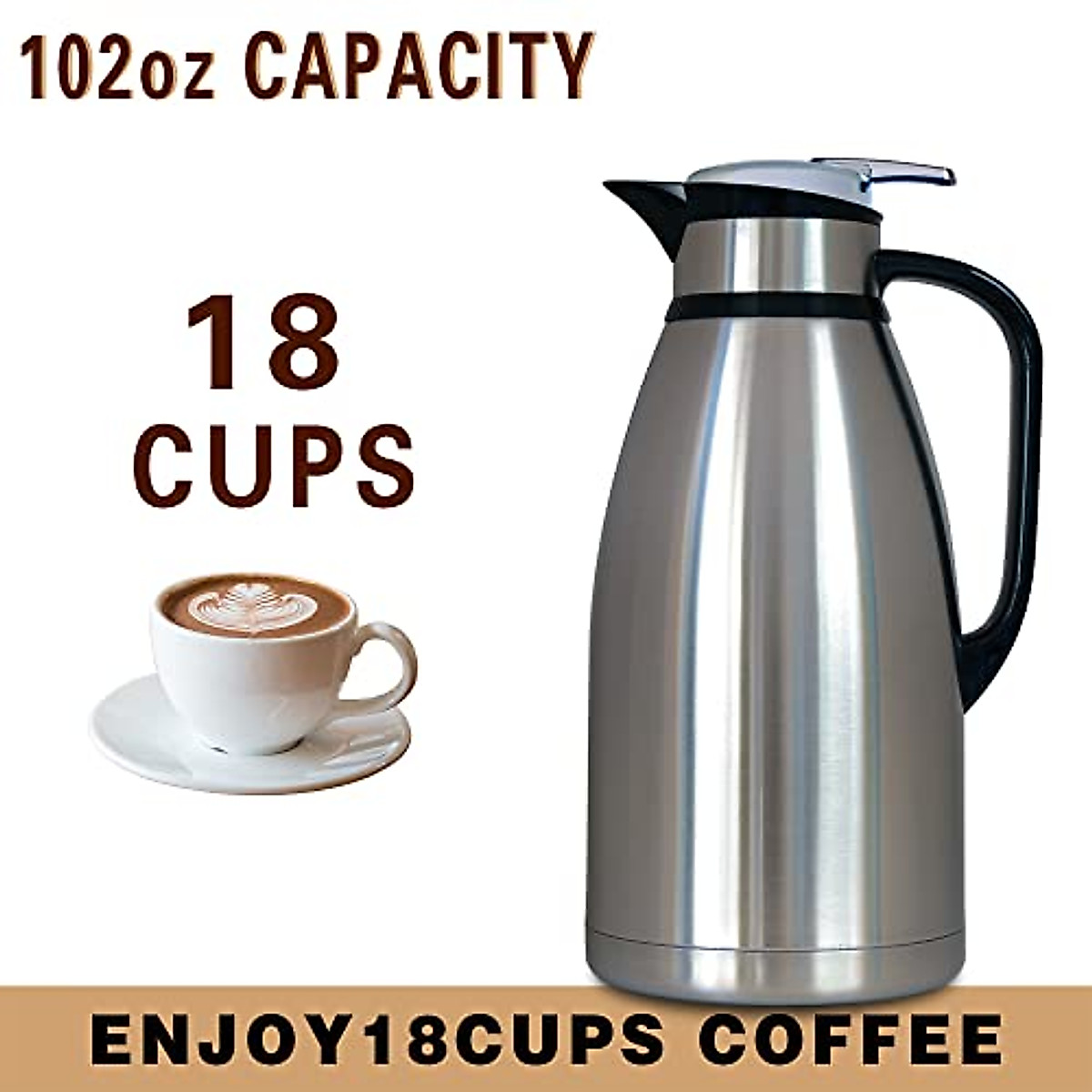 Thermal Coffee Carafe 102OZ, Goteble Double Wall Vacuum Flask, 3L Large Capacity Suitable for Large Family and Small Party Silver