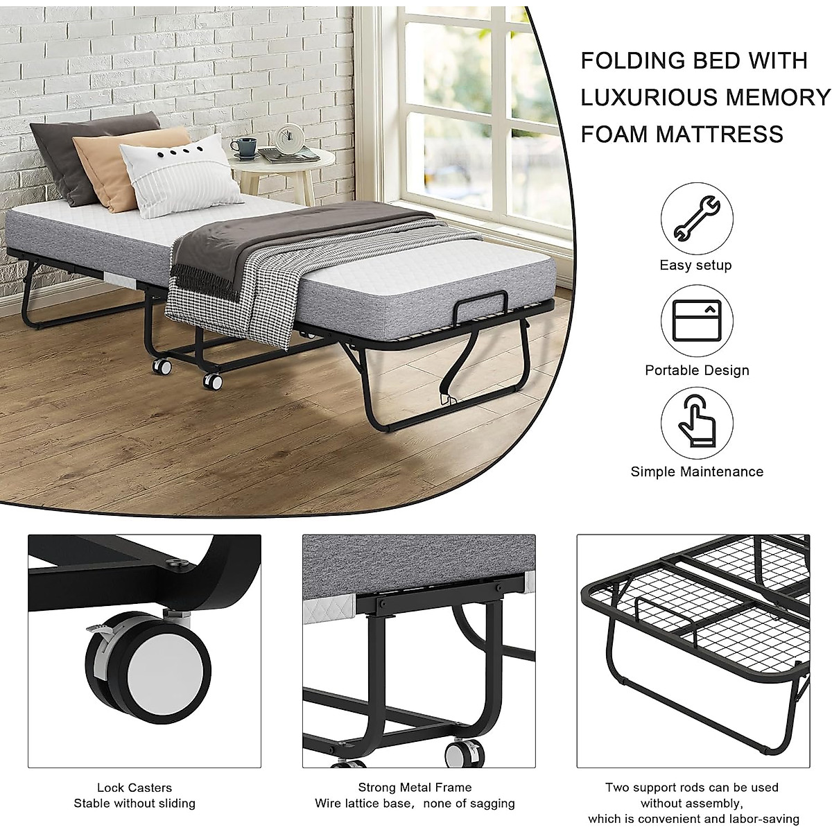 Espsilto Folding Bed with Mattress, Portable Bed for Guest, Foldable Bed with Memory Foam Mattress, Twin Size 75" x 38" Rollaway Bed with Metal Frame for Adults