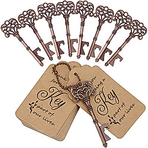 WODEGIFT 60 PCS Key Bottle Openers,Vintage Skeleton Key Bottle Opener with Escort Card Tag and Key Chains,Wedding Party Favor Souvenir Gift(Red Copper