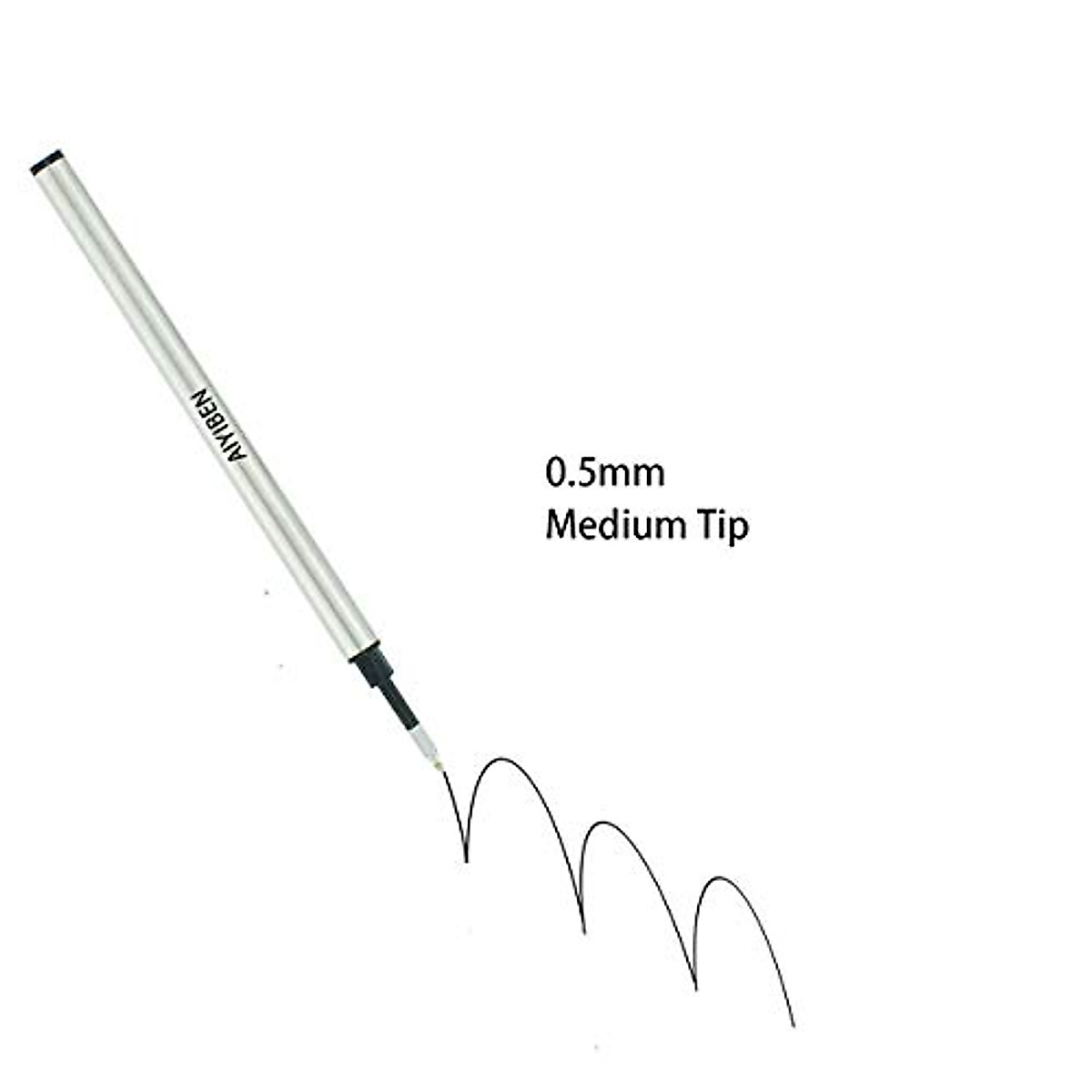 4.37 inch Rollerball Pen Refills, Roller Ball Fine Point 0.5mm, Black Ink Refill Pack of Replaceable Pen Refills Medium Point (6 Pack)